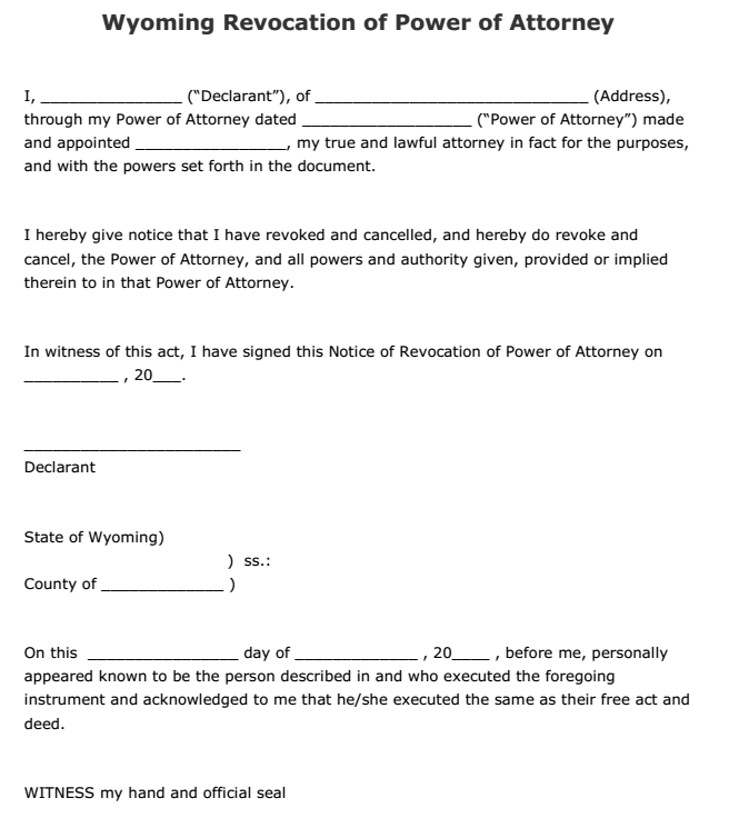 Free Wyoming Revocation of Power of Attorney Form | Adobe PDF | Word